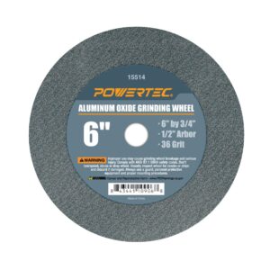 powertec bench grinder wheel 6 inch 36 grit, aluminum oxide grinding wheel for bench pedestal grinder, 3/4" thick 1/2" arbor, sharpening & shaping drill bits, blade, and chisel 1pk (15514)