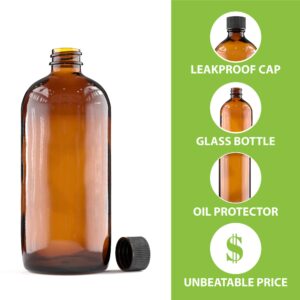 VINEVIDA 16 oz Amber Glass Bottles - 12 Pack Amber Boston Glass Bottles With Poly Cap - Bulk Glass Bottles - Empty Tincture Bottles for Essential Oils, Lab Chemicals, and Perfumes - Refillable Bottles