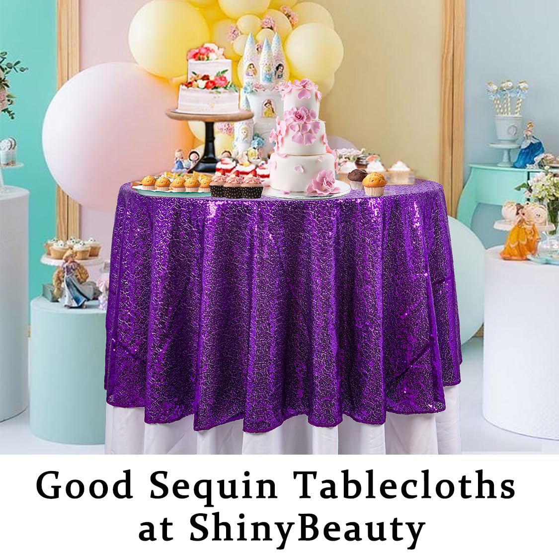 ShinyBeauty Sequin Tablecloth Round 70 Inch Purple Glitter Table Cover Overlay for Wedding Banquet Baby Bridal Shower (70'', Purple)