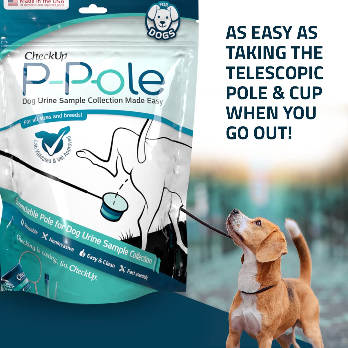 CheckUp P-Pole - Dog Urine Collection Pack - Telescopic Pole, Cups, Pipettes & Vials - A New Innovative, Do It Yourself Approach to Collect Your Dogs Urine at Home and Have it Ready for Testing