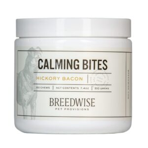 breedwise calming bites all natural holistic anxiety and stress reducing hickory bacon flavored dog treats, 60 count jar