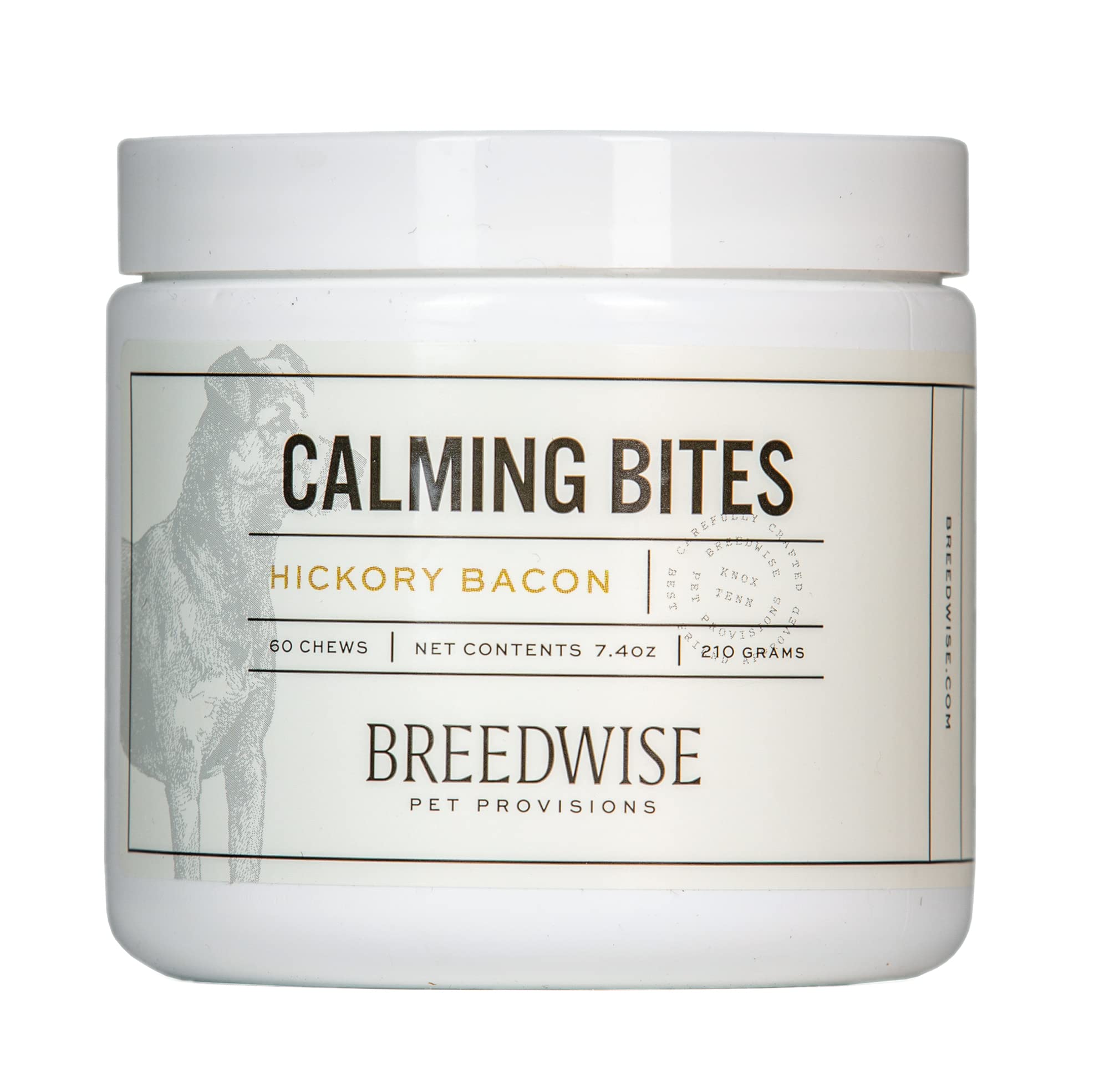 Breedwise Calming Bites All Natural Holistic Anxiety and Stress Reducing Hickory Bacon Flavored Dog Treats, 60 Count Jar