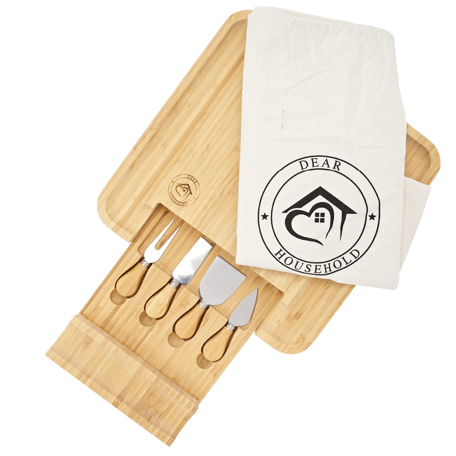 Premium Bamboo Cheese Board and Knife Set - Charcuterie Board with Knives - Deep Grooves & Hidden Drawer for Stainless Steel Cutlery - Wine Cheese Board Set - an Elegant Gift Idea