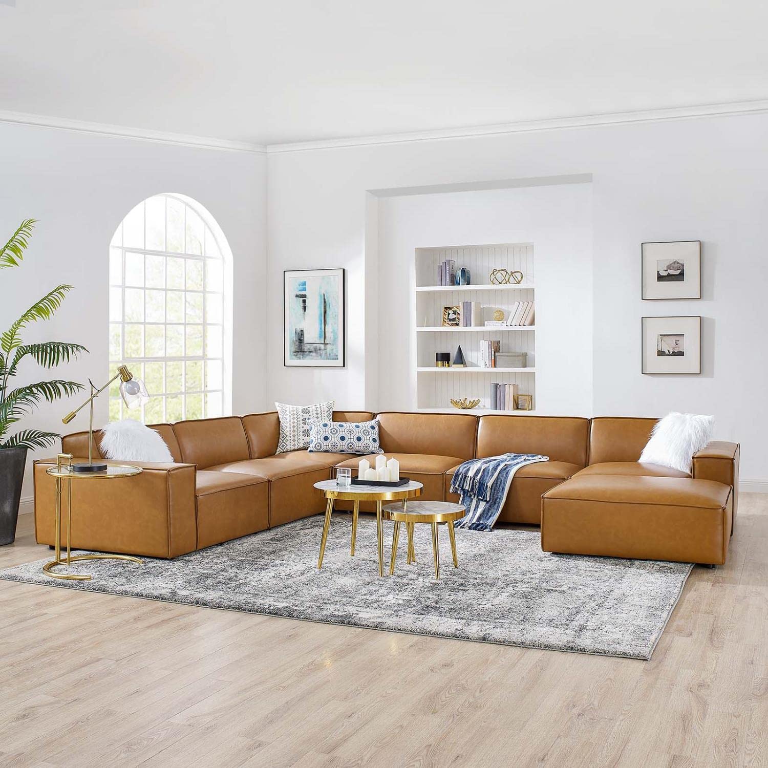 Modway Restore 7-Piece Vegan Leather Sectional Sofa in Tan