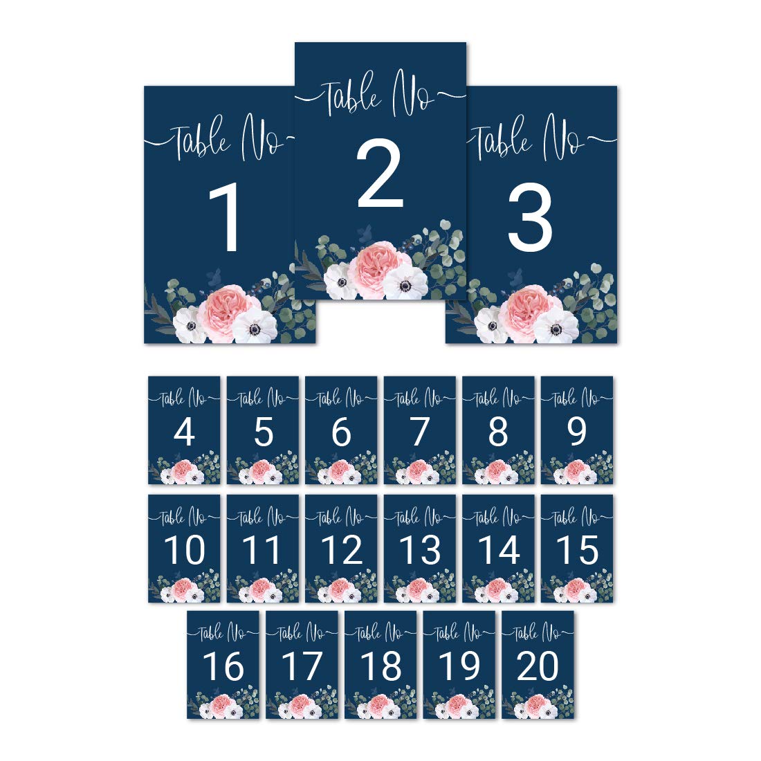 Andaz Press Winter Navy Blue with Eucalyptus Blossoms Wedding Table Numbers 1-20, 4x6-Inches Table Number Cards For Wedding Reception Table Number For Seating Chart For Wedding Reception, Boda