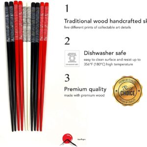 JapanBargain 3647, Bamboo Chopsticks Reusable Japanese Chinese Korean Wood Chop Sticks Hair Sticks 5 Pair Gift Set, Dragonfly Pattern Dishwasher Safe, 2 Packs