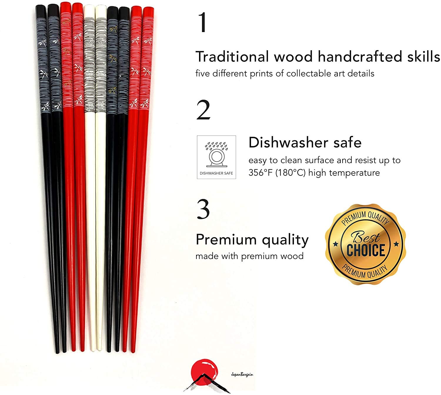 JapanBargain 3647, Bamboo Chopsticks Reusable Japanese Chinese Korean Wood Chop Sticks Hair Sticks 5 Pair Gift Set, Dragonfly Pattern Dishwasher Safe, 2 Packs