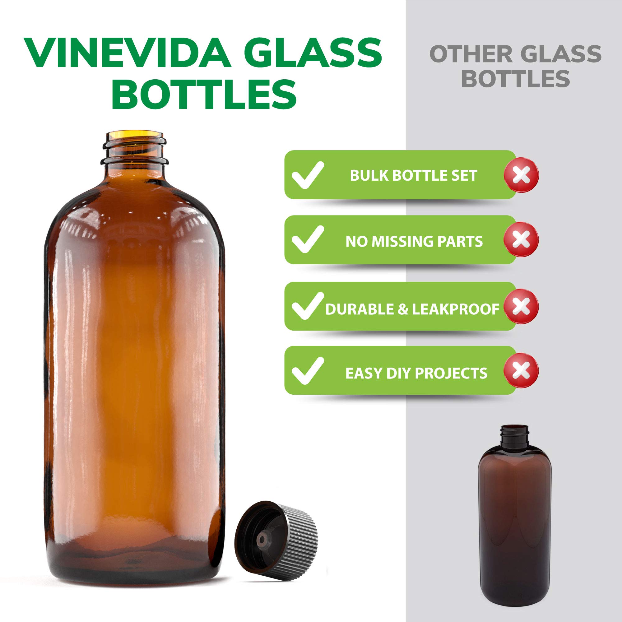 VINEVIDA 16 oz Amber Glass Bottles - 12 Pack Amber Boston Glass Bottles With Poly Cap - Bulk Glass Bottles - Empty Tincture Bottles for Essential Oils, Lab Chemicals, and Perfumes - Refillable Bottles