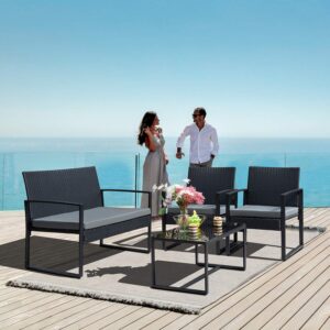 Tuoze 4 Pieces Patio Furniture Set Outdoor Patio Conversation Sets Modern Porch Furniture Lawn Chairs with Glass Coffee Table for Home Garden Backyard Balcony (Grey)