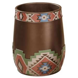 valley view wastebasket multi warm, hand-painted, made of resin, shades of sage, chocolate, sand, russet, and indigo 10 inches high