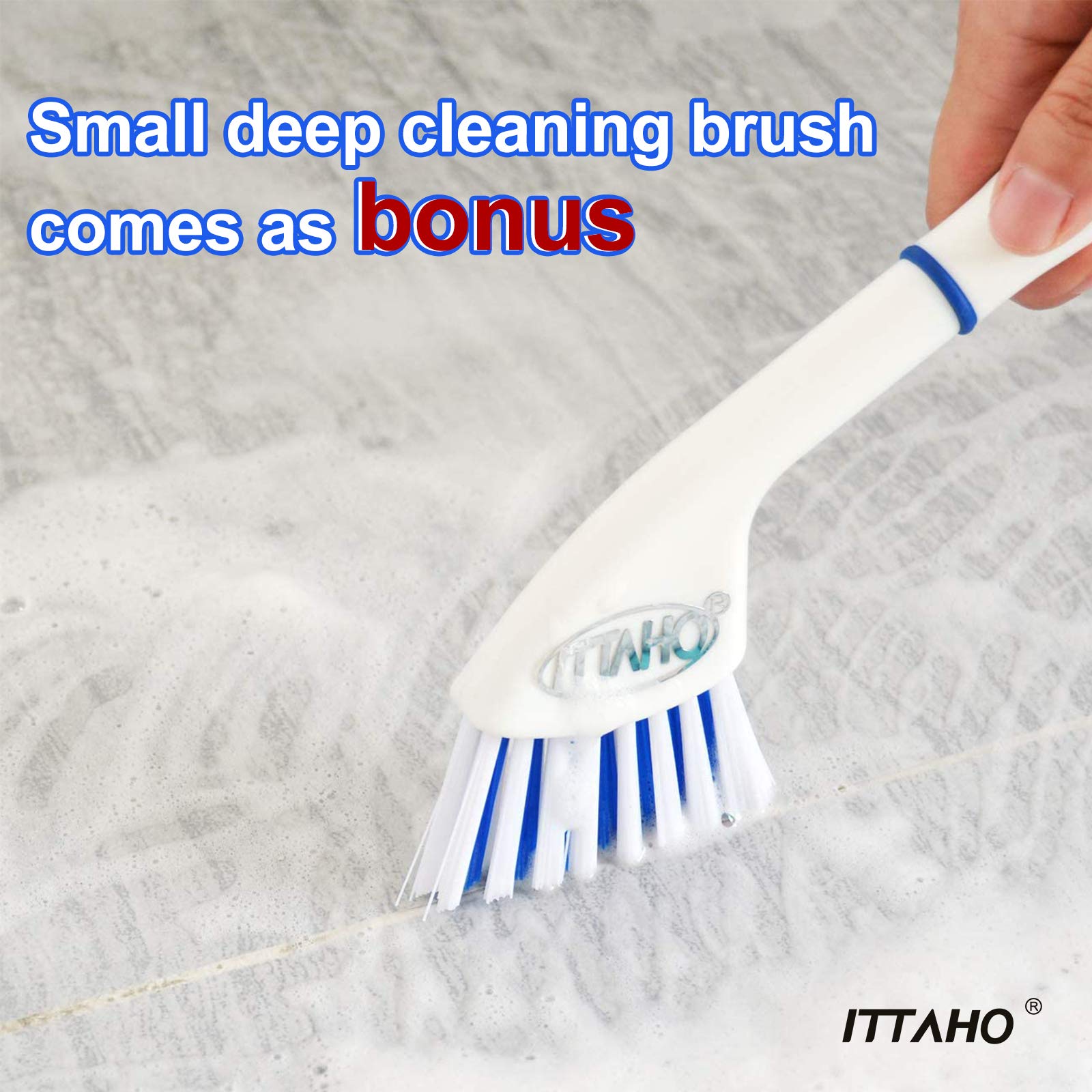 ITTAHO Floor Scrub Brush with Long Handle, 2 in 1 Deck Scrub Brush, Stiff Bristle Scrub Broom & Cleaning Brush for Tile Floor,Deck,Patio,Marble,Garage,Wall, Kitchen,Bathroom