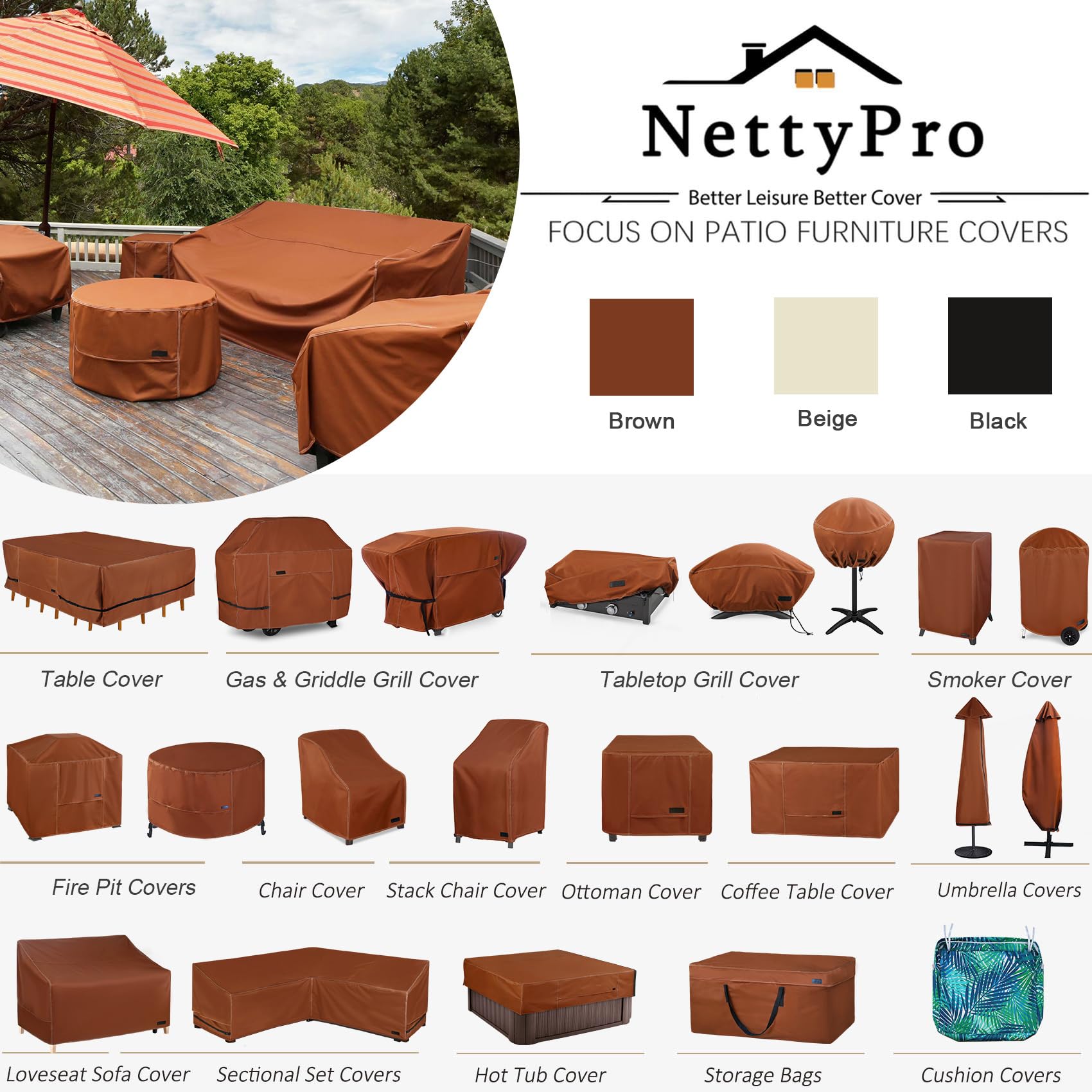 NettyPro Square Patio Table Cover 80 x 80 Inch, Waterproof 600D Heavy Duty Outdoor Furniture Covers for Dining Table and Chair Set, Brown