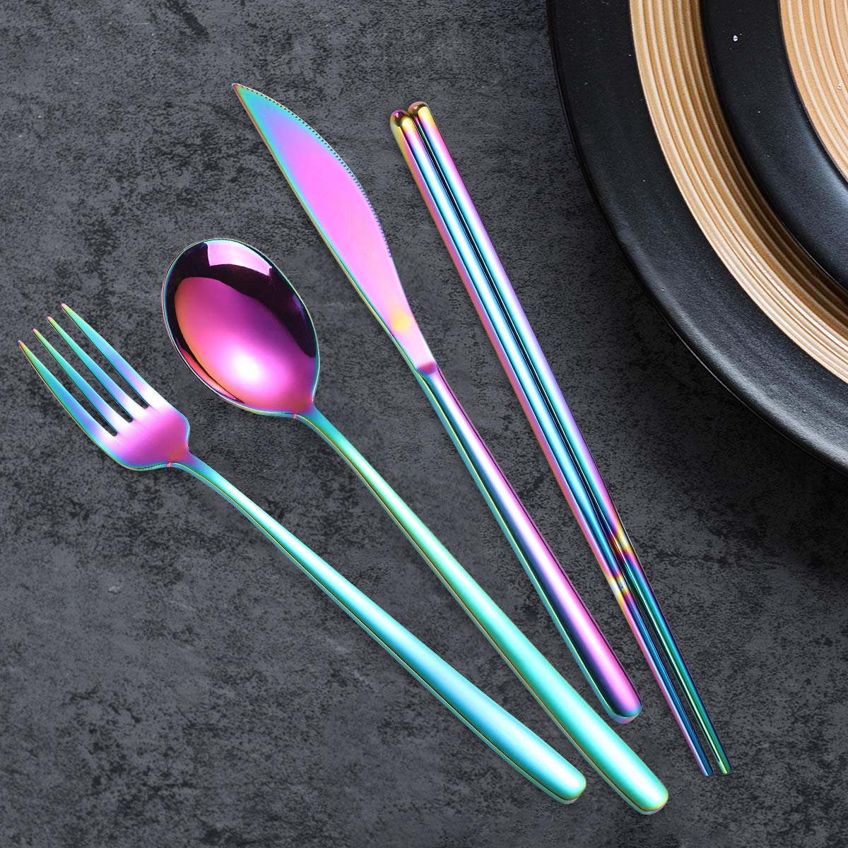 AARAINBOW 6 Pieces 18/8 Stainless Steel Flatware Set Portable Reusable Cutlery Set Travel Utensils Set Including Chopsticks Knife Fork Spoon Straws Cleaning Brush Dishwasher Safe (Multicolored)