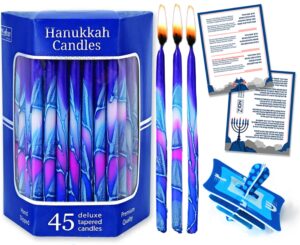 premium dripless hanukkah candles thin tapered chanukah candle set of 45 enough for eight nights of hanukah multi hued frosted includes a diy dreidel and prayer card by aviv judaica