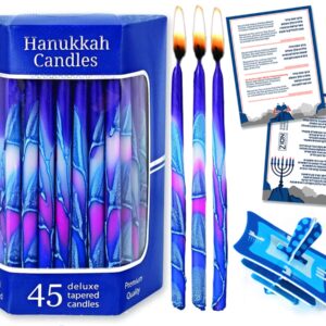 Premium Dripless Hanukkah Candles Thin Tapered Chanukah Candle Set of 45 Enough for Eight Nights of Hanukah Multi Hued Frosted Includes a DIY Dreidel and Prayer Card by Aviv Judaica