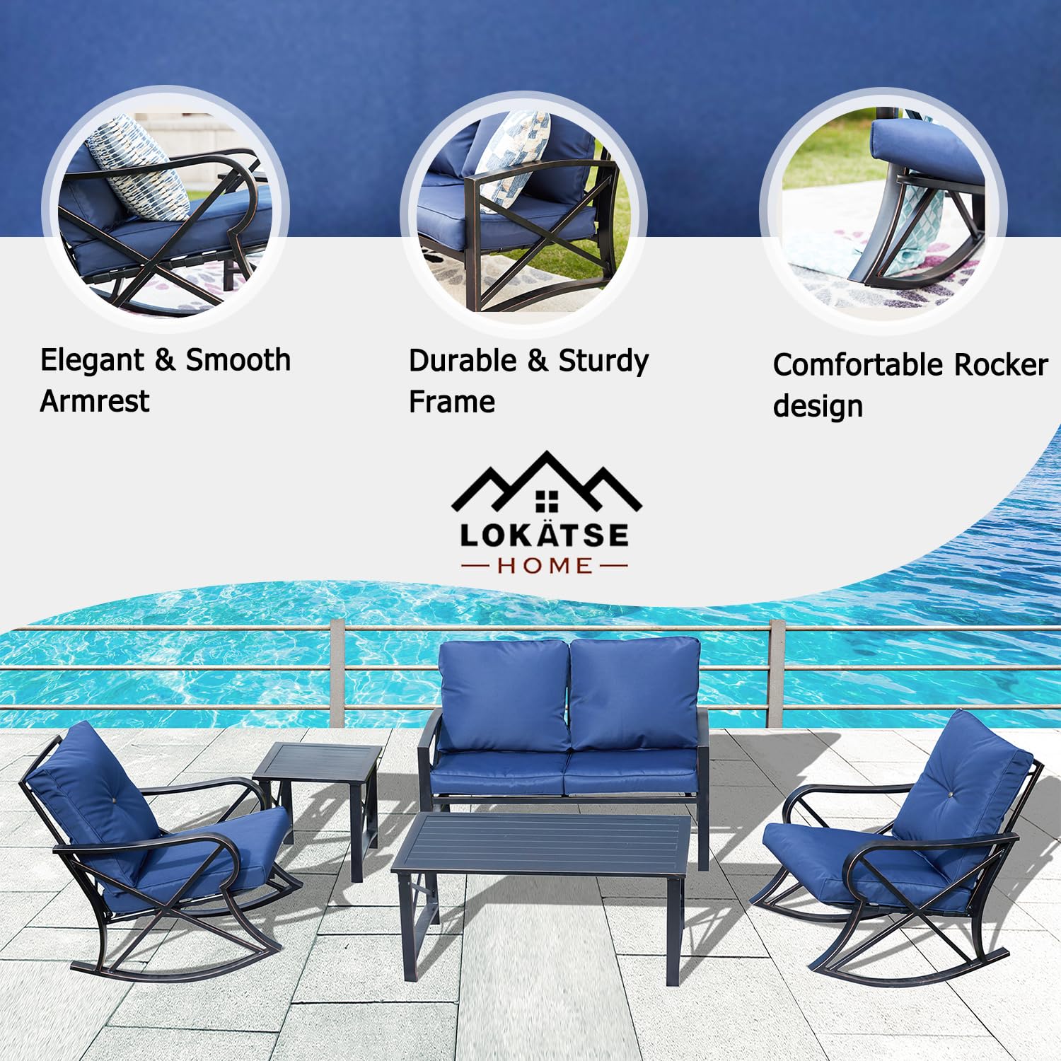 LOKATSE HOME 5 Pieces Patio Conversation Set Outdoor Metal Furniture Padded Deep Seating with Loveseat, 2 Rocking Chairs and 2 Coffee Table, Blue