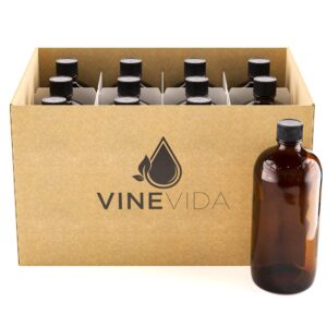 vinevida 16 oz amber glass bottles - 12 pack amber boston glass bottles with poly cap - bulk glass bottles - empty tincture bottles for essential oils, lab chemicals, and perfumes - refillable bottles