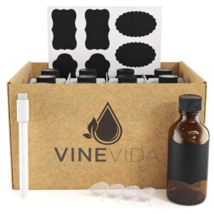 vinevida 2 oz amber glass bottles - 12 pack amber boston glass bottles with poly cap and accessories - chalk labels, funnels - empty tincture bottles for essential oils, lab chemicals, and perfumes