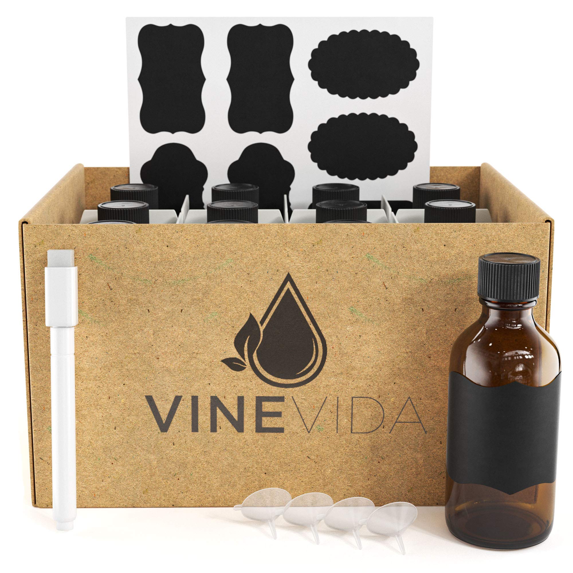 VINEVIDA 2 oz Amber Glass Bottles - 12 Pack Amber Boston Glass Bottles With Poly Cap and Accessories - Chalk Labels, Funnels - Empty Tincture Bottles for Essential Oils, Lab Chemicals, and Perfumes