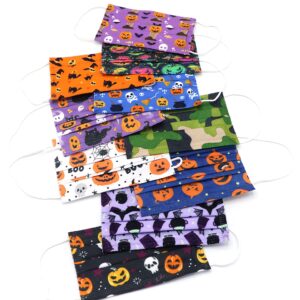 SIPA 50 PCS Kids Disposable Face Masks,Trick-or-treat Skull Pumpkin Bat Print Fabric Protection with Elastic Earloops 3 layer protection for kids Daily Use Breathable & Comfortable