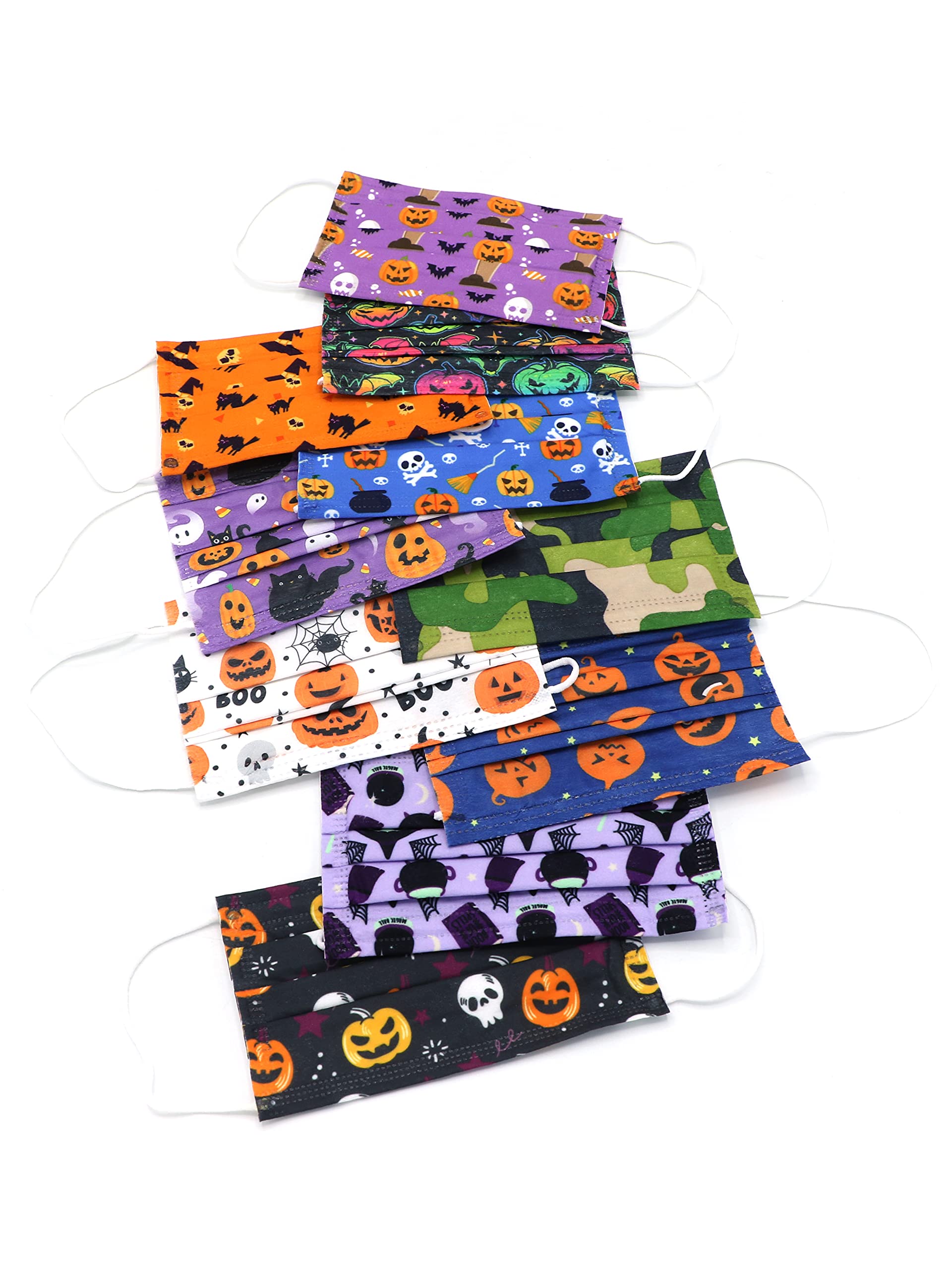 SIPA 50 PCS Kids Disposable Face Masks,Trick-or-treat Skull Pumpkin Bat Print Fabric Protection with Elastic Earloops 3 layer protection for kids Daily Use Breathable & Comfortable