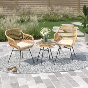 barton 3pcs outdoor bistro chat set patio conversation wicker chairs glass table with seat cushions, beige