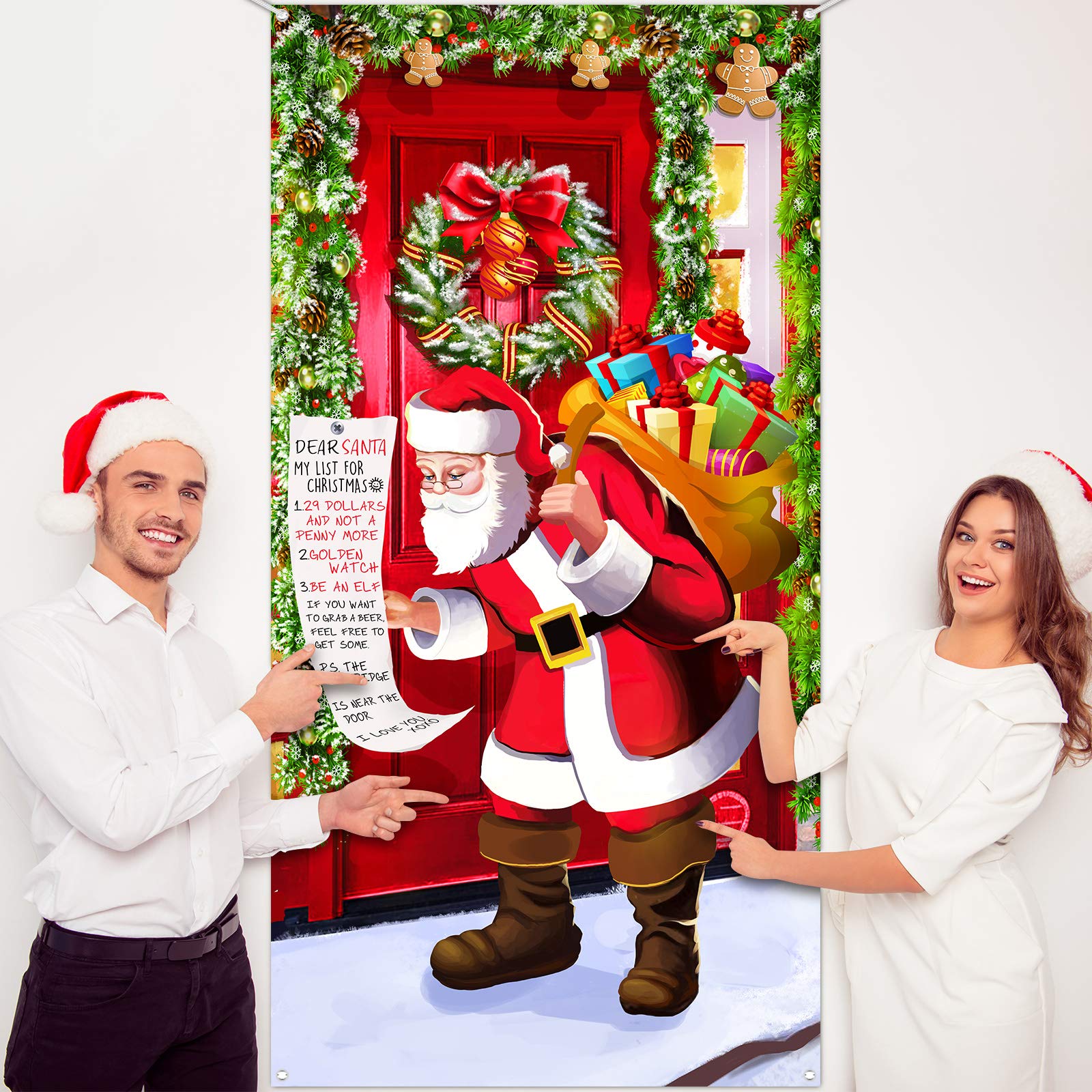 Christmas Door Cover Decoration, Santa Door Hanging Banner Funny Xmas Background Santa Claus Backdrop Christmas Party Decorations Photo Booth Prop for New Year Christmas Eve, 70.9 x 35.4 Inch