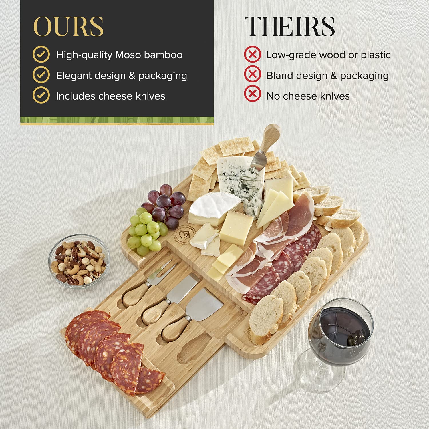 Premium Bamboo Cheese Board and Knife Set - Charcuterie Board with Knives - Deep Grooves & Hidden Drawer for Stainless Steel Cutlery - Wine Cheese Board Set - an Elegant Gift Idea