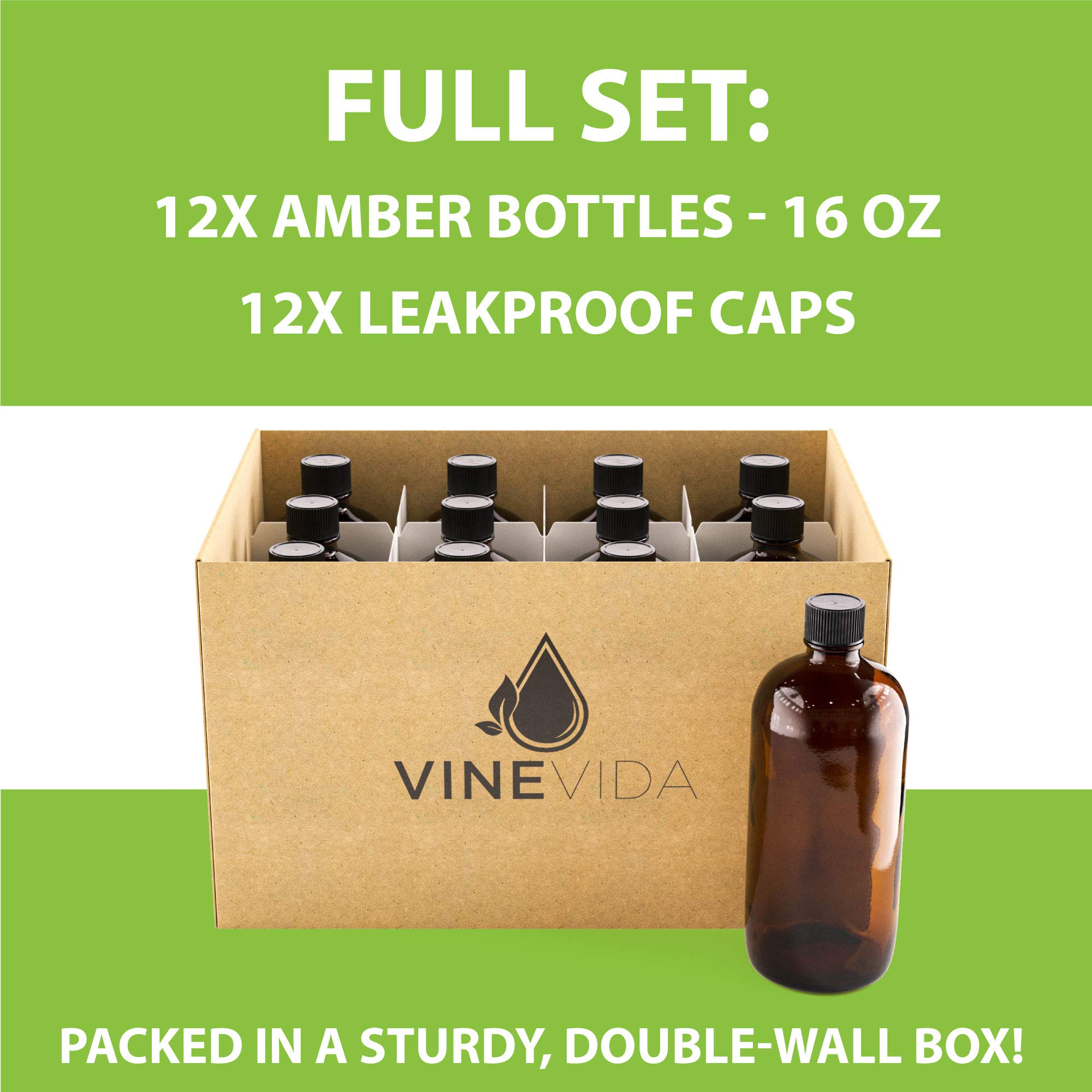 VINEVIDA 16 oz Amber Glass Bottles - 12 Pack Amber Boston Glass Bottles With Poly Cap - Bulk Glass Bottles - Empty Tincture Bottles for Essential Oils, Lab Chemicals, and Perfumes - Refillable Bottles