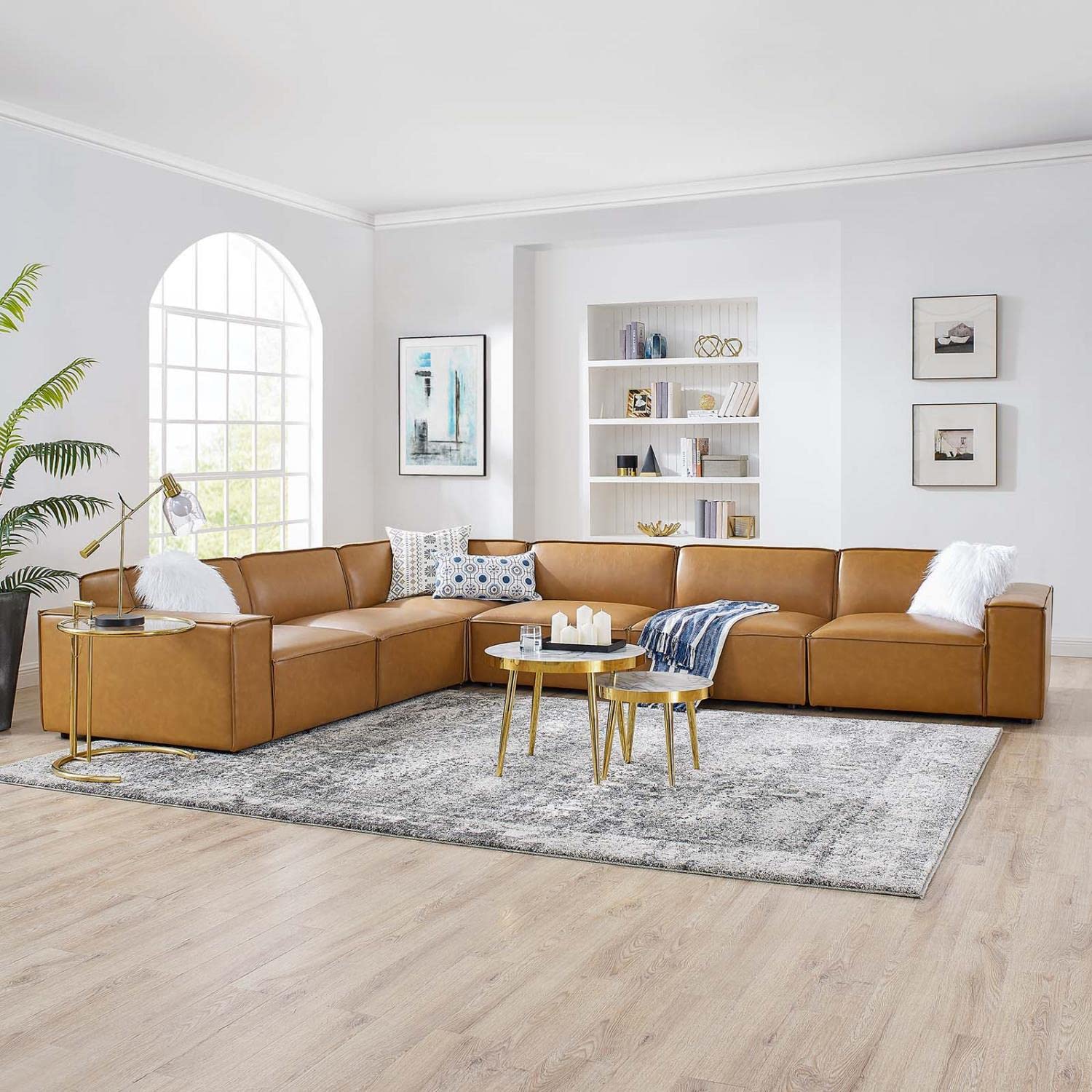 Modway Restore 6-Piece Vegan Leather Sectional Sofa in Tan