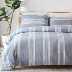 david's home 100% washed cotton duvet cover set queen size, chambray stripe duvet cover with pillow shams, 3pcs ultra soft and breathable comforter cover set, 90x 90 inches, blue beige