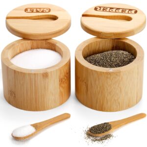 lawei 2 pack bamboo salt and pepper bowls, round salt container with magnetic swivel lids and spoons, bamboo salt cellars, seasoning storage holder box for salt, pepper, sugar, spice