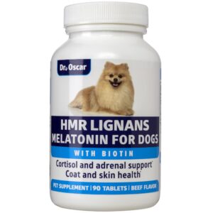 hmr lignans and melatonin for dogs with cushings. superior 3in1 formula with biotin. adrenal support, helps maintain normal cortisol levels. better than lignans & melatonin only. skin & coat support