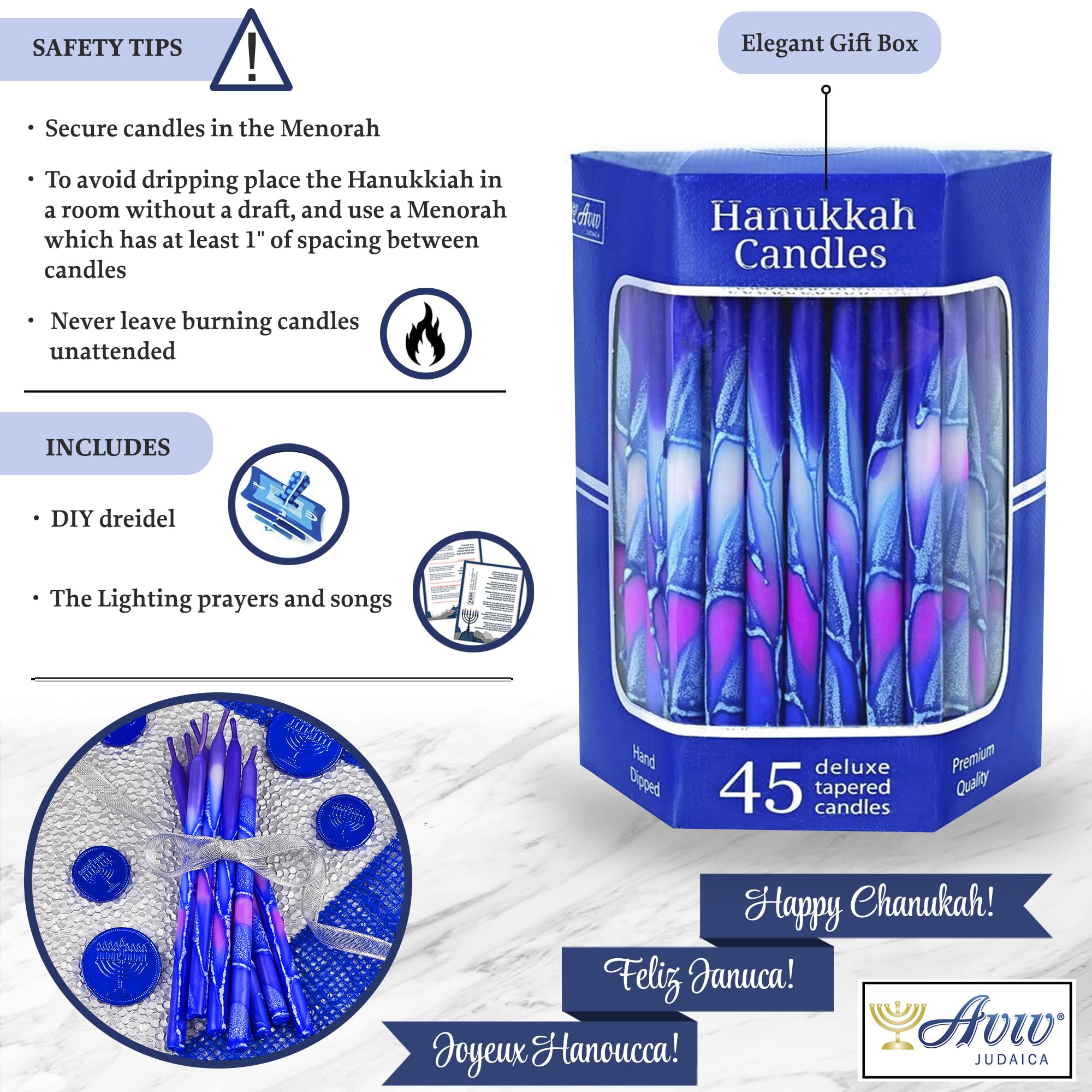 Premium Dripless Hanukkah Candles Thin Tapered Chanukah Candle Set of 45 Enough for Eight Nights of Hanukah Multi Hued Frosted Includes a DIY Dreidel and Prayer Card by Aviv Judaica