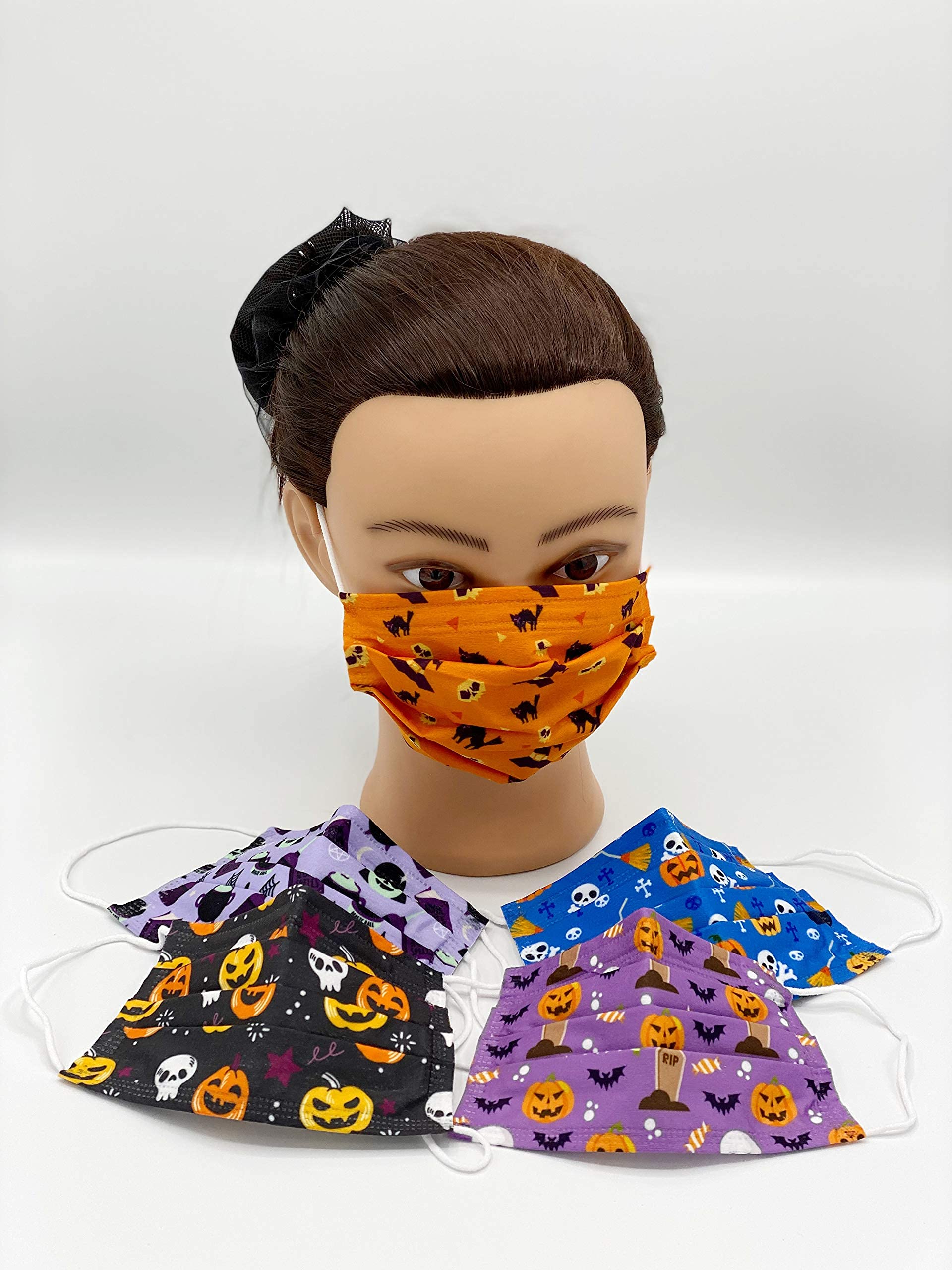 SIPA 50 PCS Kids Disposable Face Masks,Trick-or-treat Skull Pumpkin Bat Print Fabric Protection with Elastic Earloops 3 layer protection for kids Daily Use Breathable & Comfortable