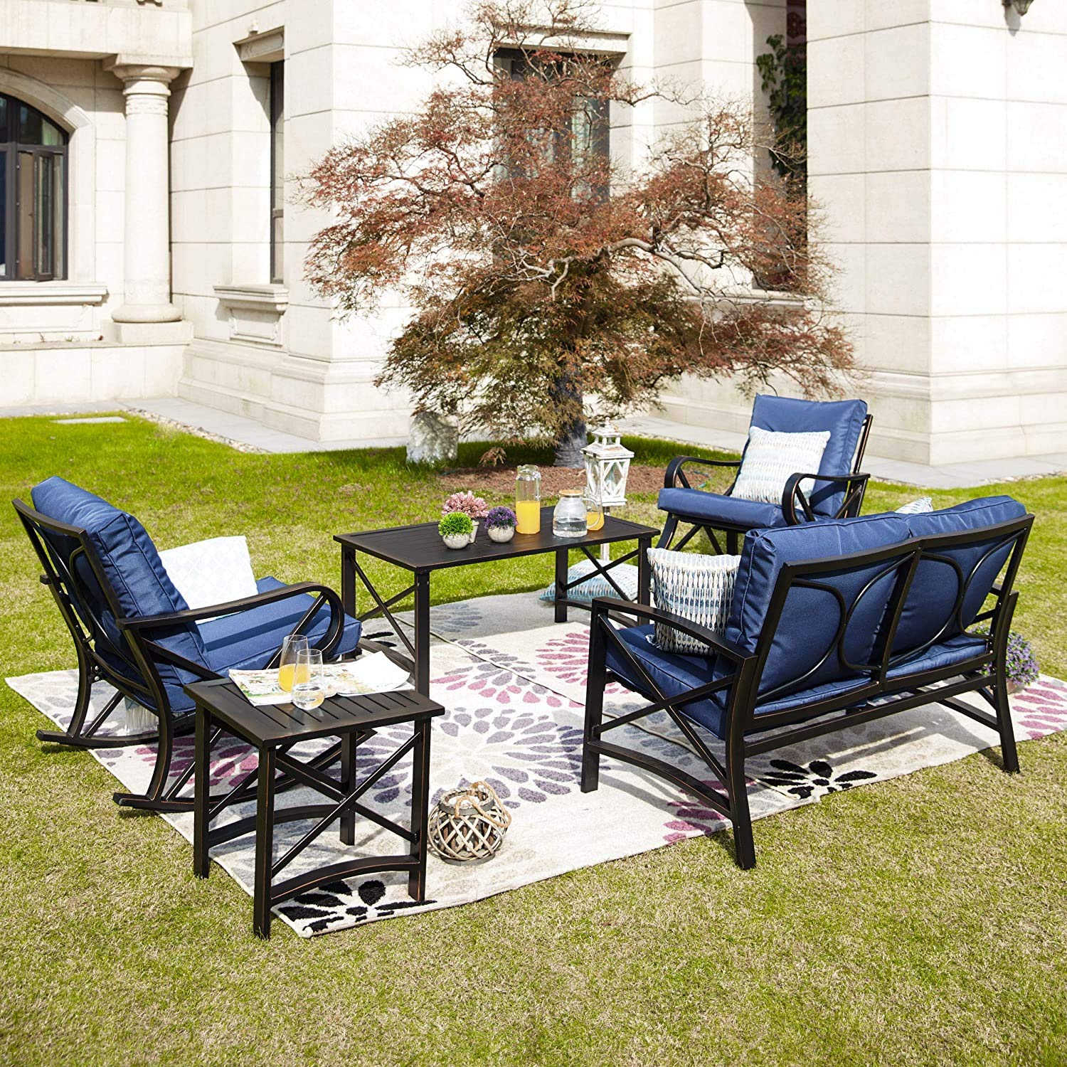 LOKATSE HOME 5 Pieces Patio Conversation Set Outdoor Metal Furniture Padded Deep Seating with Loveseat, 2 Rocking Chairs and 2 Coffee Table, Blue