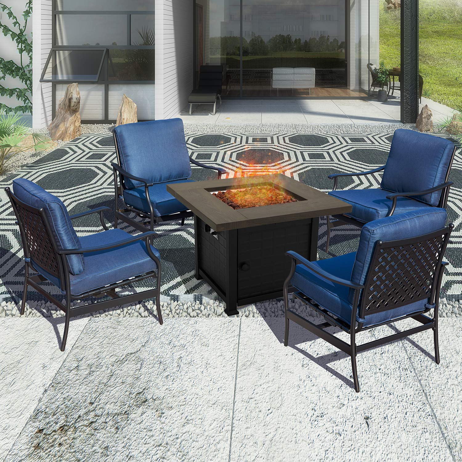 PatioFestival Outdoor Furniture Patio Conversation Set CSA Certification 50,000 BTU 33.9 Inch Propane Fire Pit Table Sets with Rocking Chairs (5 Pcs,Blue)