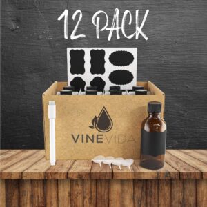 VINEVIDA 2 oz Amber Glass Bottles - 12 Pack Amber Boston Glass Bottles With Poly Cap and Accessories - Chalk Labels, Funnels - Empty Tincture Bottles for Essential Oils, Lab Chemicals, and Perfumes