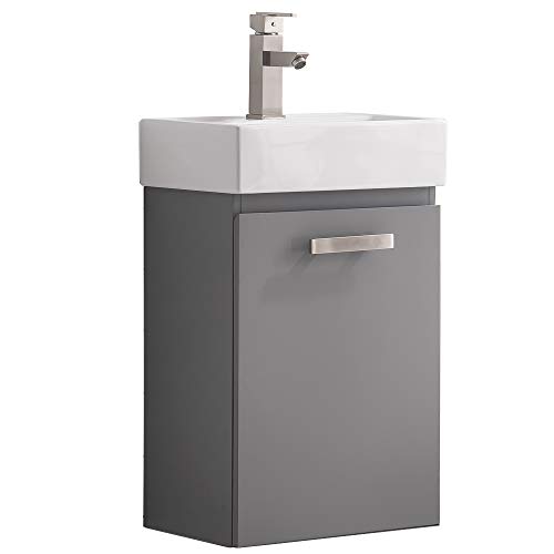 LUCA Kitchen & Bath LC17XGP Brielle 16.5” Single Sink Bathroom Vanity in Gray with Porcelain Countertop-Freestanding or Wall Mounted, Grey