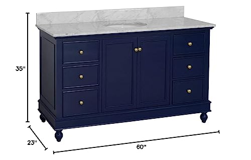 Kitchen Bath Collection Bella 60-inch Single Bathroom Vanity (Carrara/Royal Blue): Includes Royal Blue Cabinet with Authentic Italian Carrara Marble Countertop and White Ceramic Sink