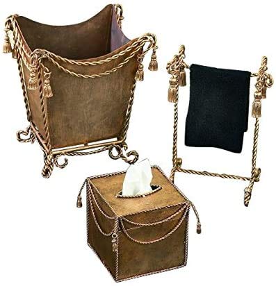 MY SWANKY HOME Luxe Antique Style Gold Iron Waste Basket Swag Tassel Ornate Romantic Bathroom