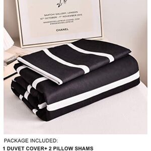 Lightweight Hotel Luxury Duvet Cover 3 Piece Set-Black with White Vertical Stripes Ultra Soft Premium Microfiber Breathable Comforter Cover with Zipper Closure, Corner Ties Full/Queen (90x90 inches) …