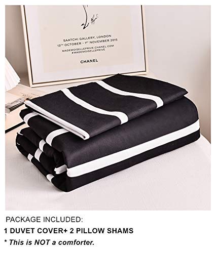 Lightweight Hotel Luxury Duvet Cover 3 Piece Set-Black with White Vertical Stripes Ultra Soft Premium Microfiber Breathable Comforter Cover with Zipper Closure, Corner Ties Full/Queen (90x90 inches) …