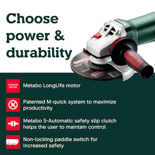 Metabo Angle Grinder 6", 12 AMP Motor, 10,000 RPM Grinder Tool, Compact Metal Cutter Made in Germany, Variable Speed, Electric Grinder, Tool-free adjustable guard, WP 13-150 Quick, 603633420