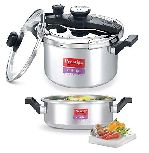 Prestige Clip-On Essential Combi Pack 5L + 3 L Aluminium Pressure Cooker with 1 Lid and a Glass Lid