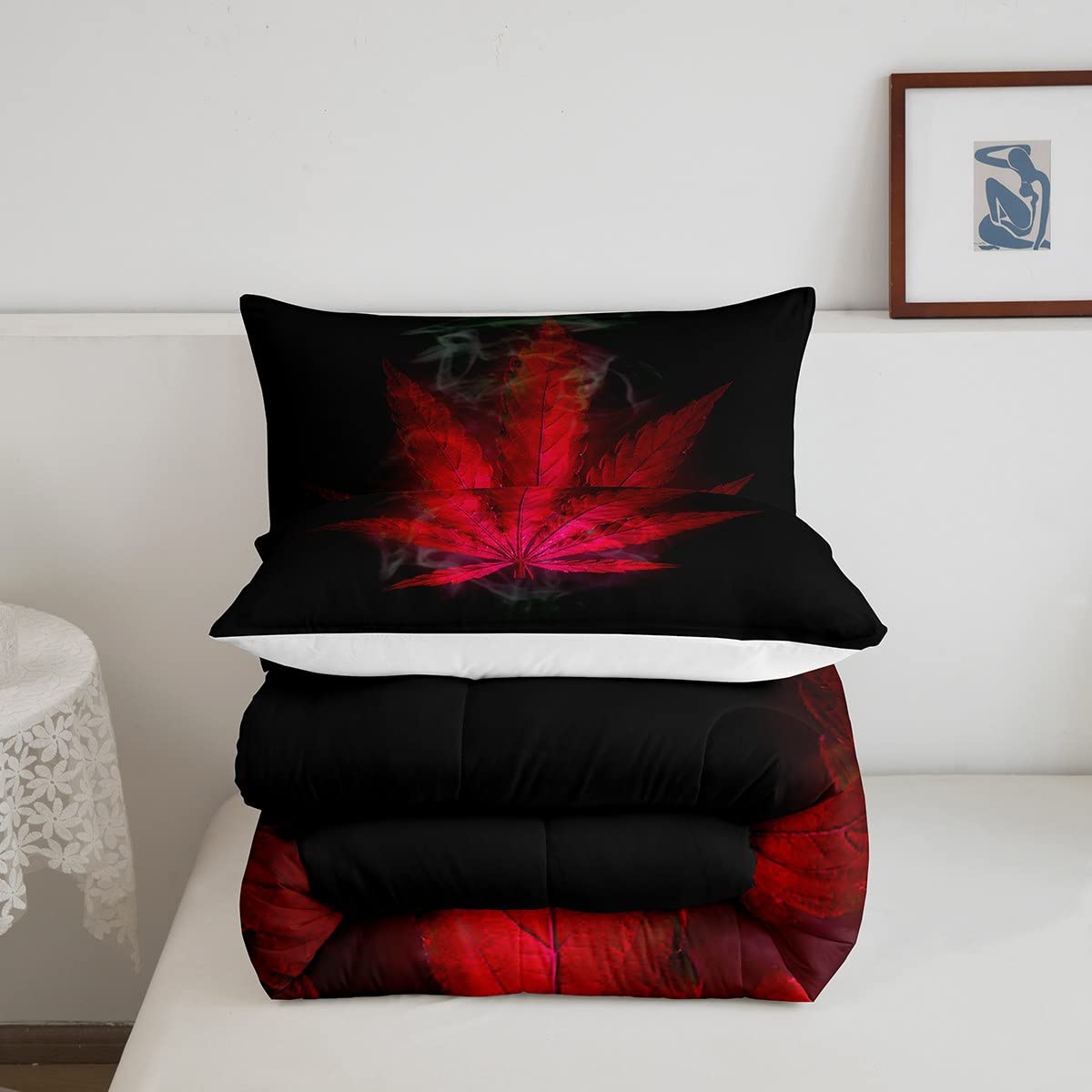 Marijuana Comforter Set Red Cannabis Leaf Printed Down Comforter, for Adult Women Teens Marijuana Weed Leaf Quilted Duvet Exotic Leaves Rustic Soft Duvet Insert Boho Trippy Hippie Theme Quilt, Queen