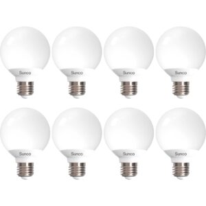 sunco 8 pack vanity globe light bulbs g25 led for indoor bathroom mirror living area, cri92 2700k soft white, dimmable 450 lm, 6w, e26 base, round frosted classic ambient decorative bulb, ul