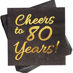 80th Birthday Decorations for Men Women Party Supplies Cocktail Napkins Black 50 Pack,5"x 5" Folded,Cheers to 80 Years! (80)