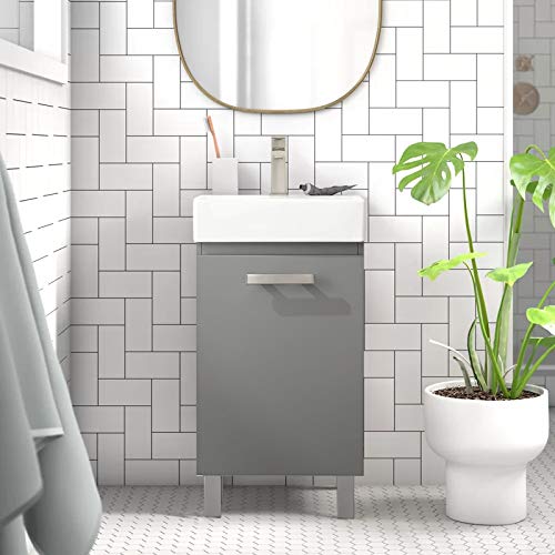 LUCA Kitchen & Bath LC17XGP Brielle 16.5” Single Sink Bathroom Vanity in Gray with Porcelain Countertop-Freestanding or Wall Mounted, Grey