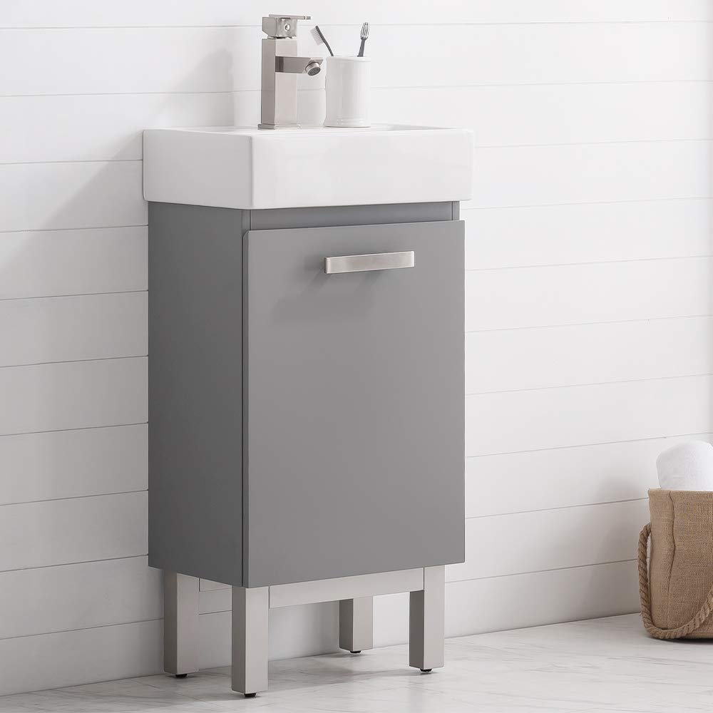 LUCA Kitchen & Bath LC17XGP Brielle 16.5” Single Sink Bathroom Vanity in Gray with Porcelain Countertop-Freestanding or Wall Mounted, Grey